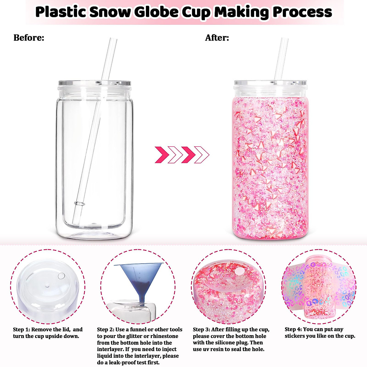 Tswofia 8 Pack plastic Snow Globe Tumbler, 16 Oz Double Wall Plastic Can with Lid and Straw, Plastic Mason Jar Mug for Snow Globe Glitter DIY Gift (Clear)