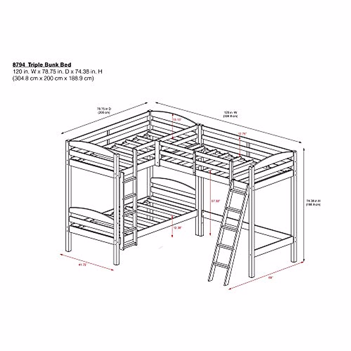 DHP Dorel Living Clearwater Triple Wood Bunk, Twin Size, Black Bed