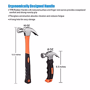 ZUZUAN 2 Piece Hammer Set,includes 1 Pack 8 OZ Mini Stubby Claw Hammer and 1 Pack 16 OZ Fiberglass General Purpose Claw Hammer,Soft Nonslip Handle & Heat Treated Head,Heavier for Higher Hardness