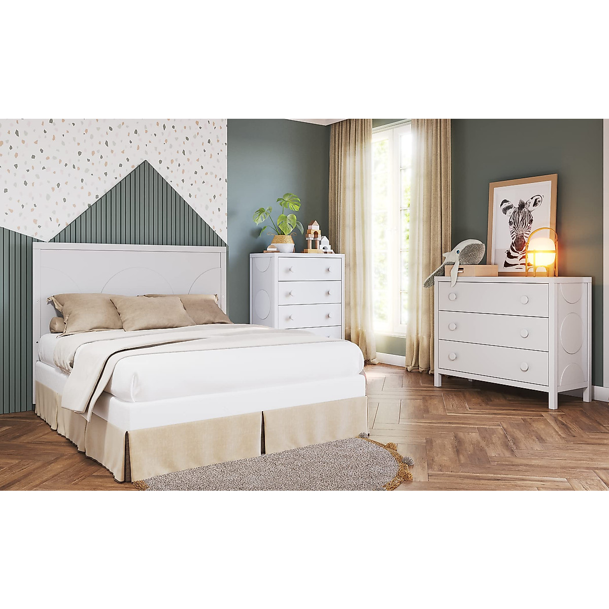 Child Craft Orbit Crib, Dresser and Chest Nursery Set, 3-Piece, Includes 4-in-1 Convertible Crib, Dresser and Chest, Grows with Your Baby (Matte White)