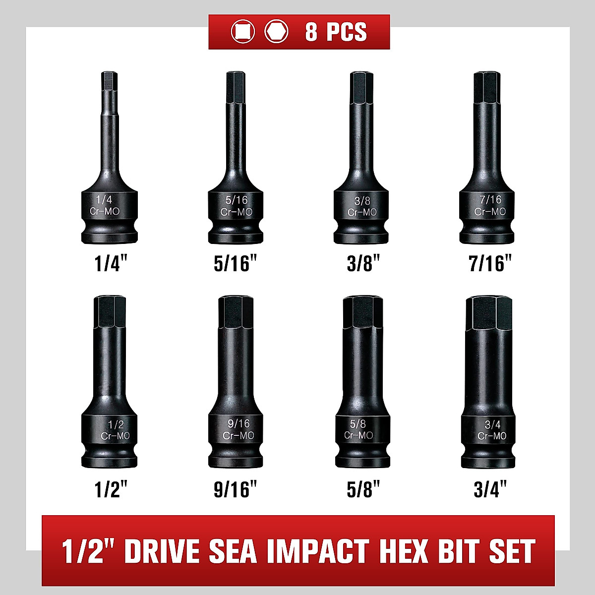 PGROUP 8 PCS 1/2 Inch Drive Allen Impact Socket Set, SAE Hex Socket 1/4" to 3/4", Master Impact Grade Cr-Mo Steel with Heavy Duty Storage Case
