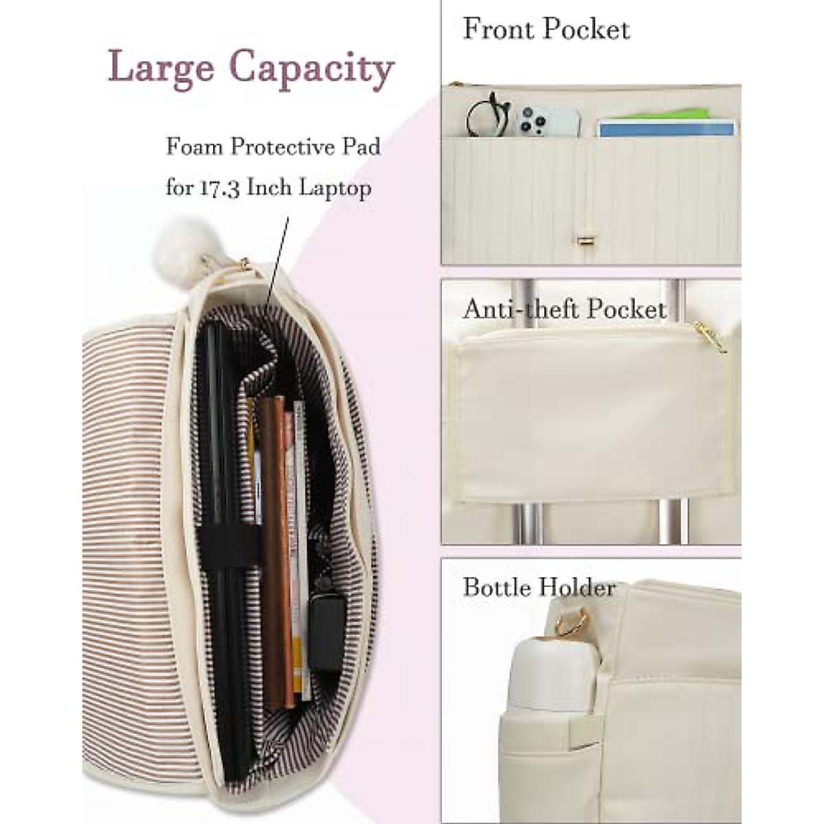 17 Inch Laptop Bag for Women, Large Cute Messenger Bags Office Computer Carrying Case Shoulder Bag with Fashion Accessory, Water Resistant Quilted Crossbody Business Work Briefcase for College Travel