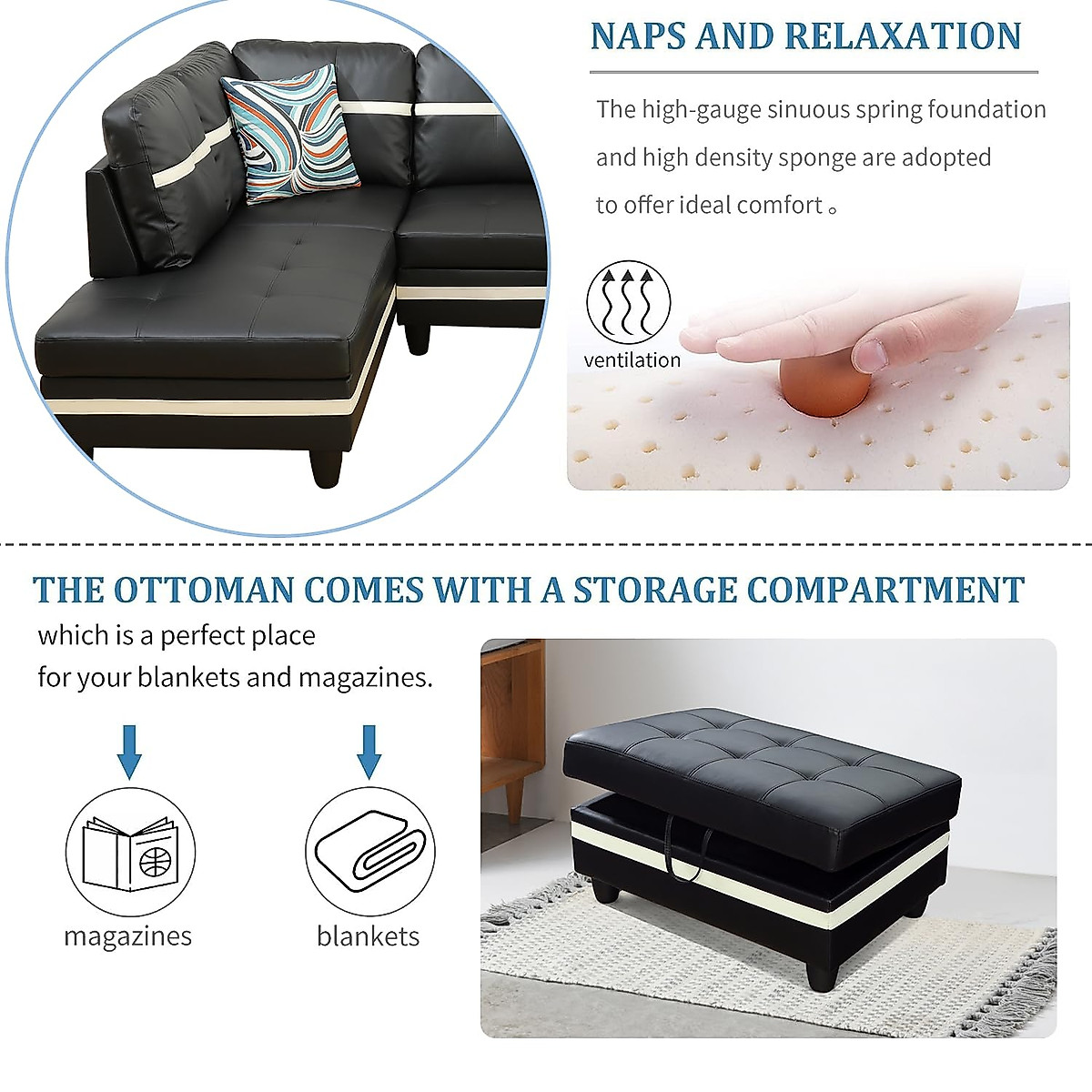 Caberryne Sectional Couch for Living Room Furniture Set Black,Sectional Sofa Set L Shape Sofa and Chaise with Storage Ottoman for Living Room/Apartment（Black,Facing Left Chaise）