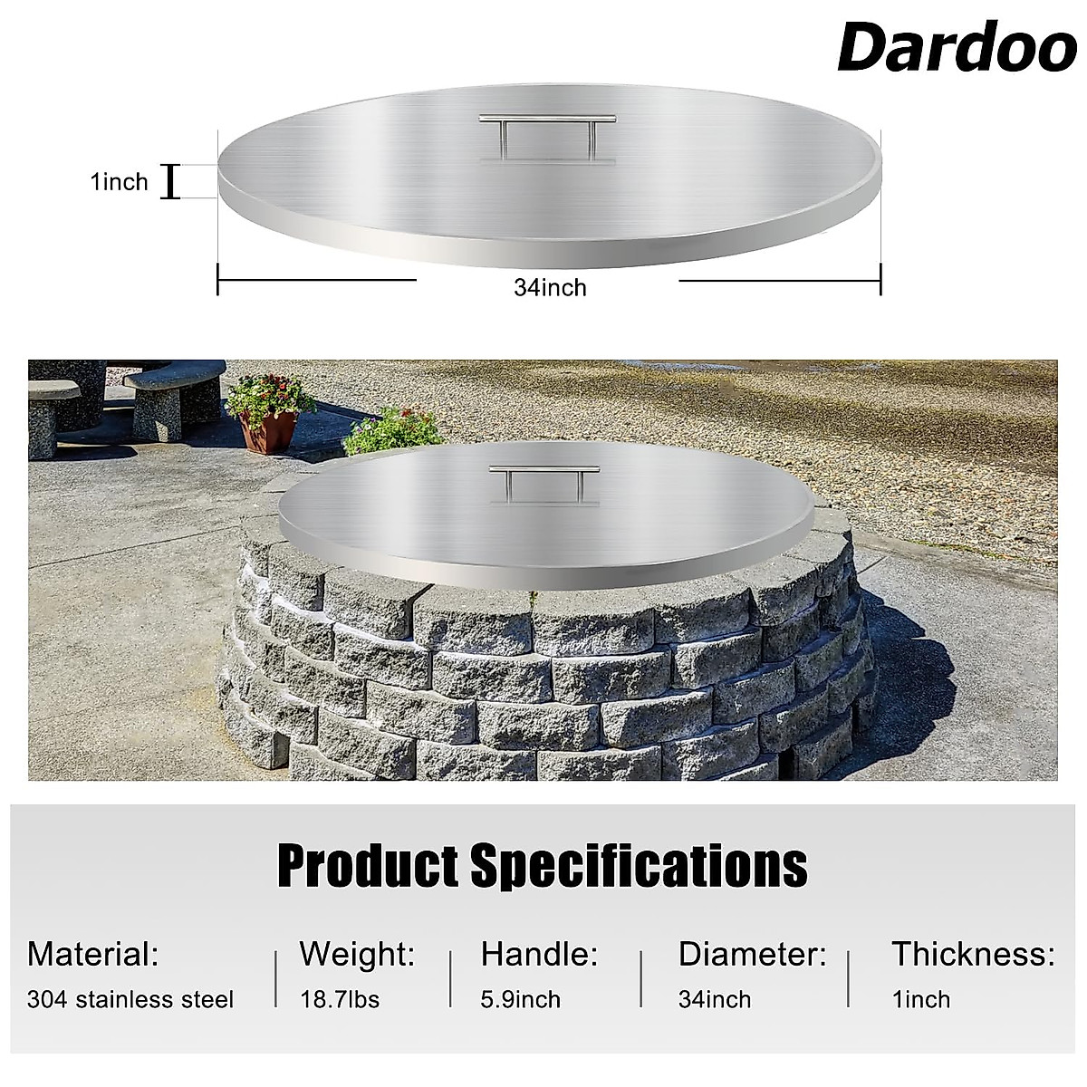 Dardoo Fire Pit Lid Stainless Steel 34'' Fire Pit Cover Round with Handle Thick Burner Cover Suitable for Round Burner Pan
