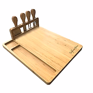 Cheese Board and Knife Set | Wine Board | Organic Bamboo Wood Charcuterie Platter Serving Board Cheese Tray with Cutlery | Perfect for Birthday, Housewarming & Wedding Gifts | 20 Pack Flag Markers