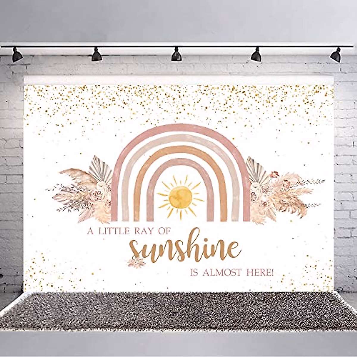 Ticuenicoa 5×3ft Boho Rainbow Baby Shower Backdrop A Little Ray of Sunshine is Almost Here Baby Shower Party Banner Wall Decorations Boho Pampas Glitter Dots Girls Baby Shower Background