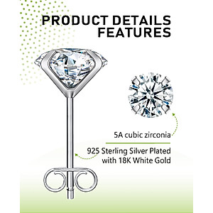 Earrings for Women, 8 Pairs Stud Earrings Set for Men, COMOSO 18K White Gold Plated S925 Sterling Silver Cubic Zirconia Earrings Studs 3-6mm, Birthday Christmas Gift