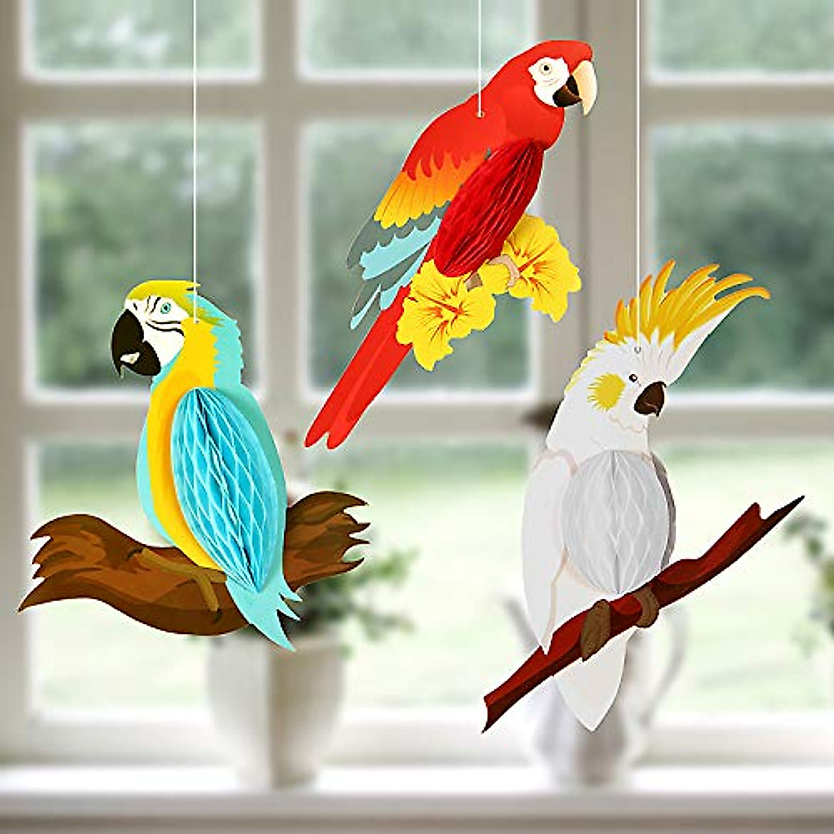 TUPARKA 6 Pieces Tropical Birds Honeycomb Parrot Hawaiian Summer Beach Tiki Bar Luau Party Home Classroom Hanging Decorations(Parrot)