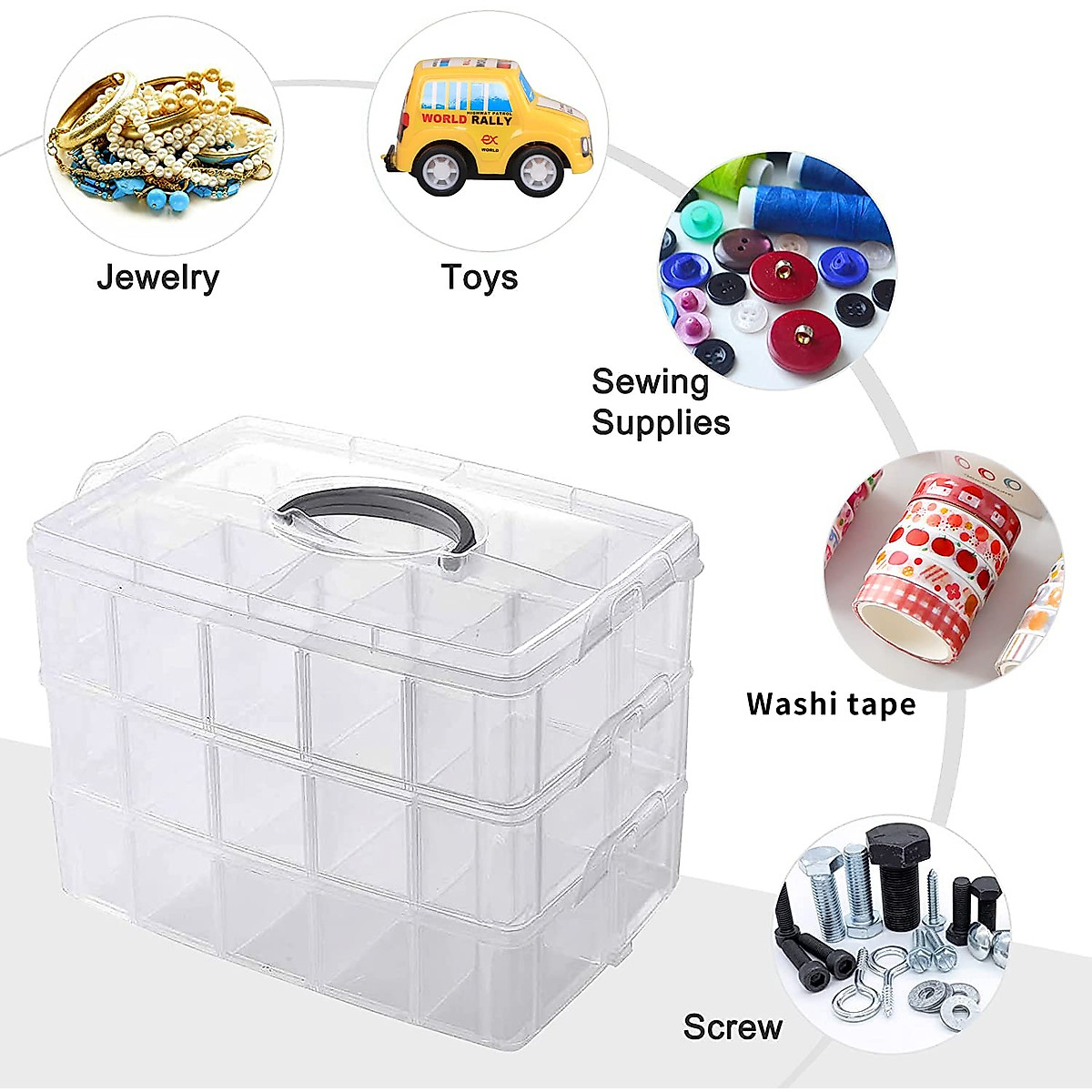 3-layer Stackable Craft Storage Containers - Plastic Craft Box Organizer With 30 Adjustable Compartments And Handle - Portable Beads Organizers And Storage For Arts And Crafts, Toy, Washi Tapes, Nail