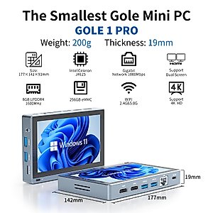 HIGOLEPC Mini PC Windows 11 PRO,Celeron J4125 Mini Computer,8GB DDR,256GB EMMC,Mini PC with Screen,Micro PC Support 4K HDMI Double Display,WiFi 5.0, BT4.2, Gigabit Ethernet