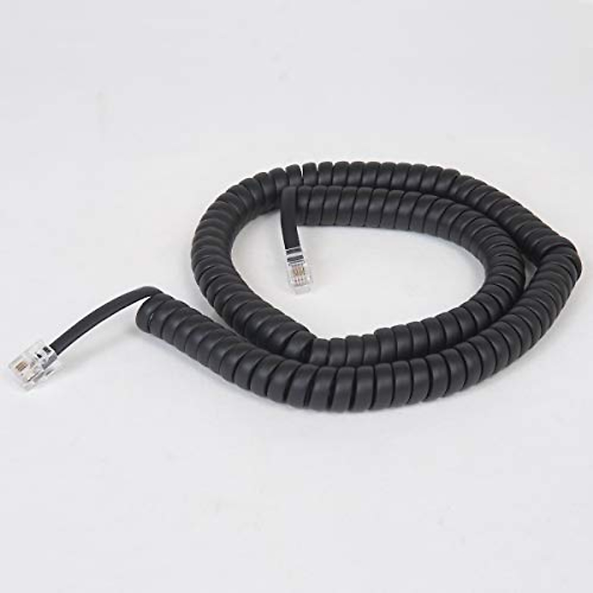 Cablesys Coiled Telephone Handset Cord for Use with PBX Phone Systems, VoIP Telephones - 12 Ft Uncoiled, Rj22, 1.5 Inch Lead on Both Ends, Flat Black, 10-Pack