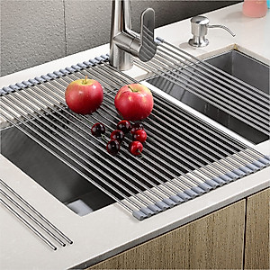 EMBATHER 20.8'' x 18.1'' Roll Up Dish Drying Rack Over The Sink, Dish Drying Rack for Kitchen Counter, Multipurpose Stainless Steel Foldable Kitchen Drainer Rack with Anti-Slip Silicone, Gray