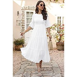 LILLUSORY Womens Summer Dresses Graduation Bridal Shower Flowy Smocked Ruffle Boho Modest 2023 Long Sundresses Trendy Casual Sun Dress with Sleeves White