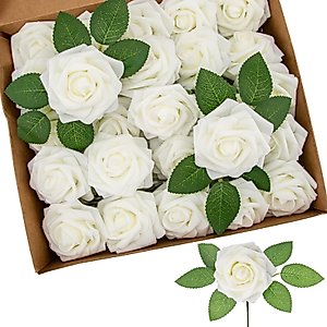 Cliselda 50Pcs Artificial Flowers Ivory White Fake Roses with Stems, Valentine's Day, Real Touch Foam Rose Bulk Faux Flowers for Decoration Centerpieces Party Flower Arrangements