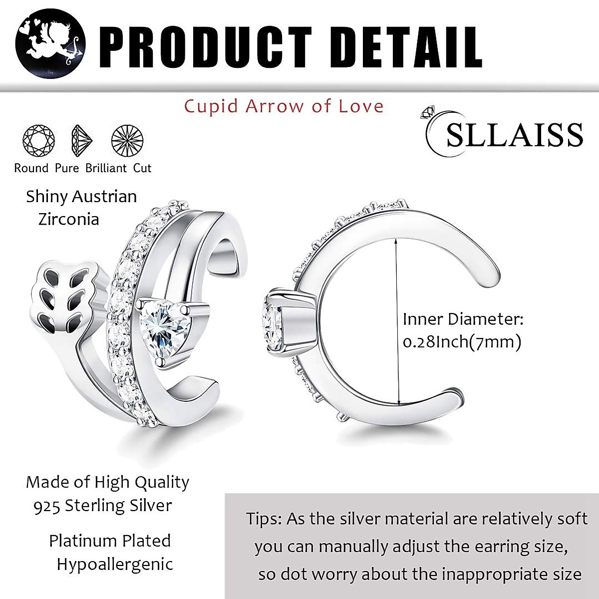 Sllaiss 925 Sterling Silver Arrow Cuff Earring for Women White Gold Plated Small Non Pierced Earrings Valentine Jewelry Gift (Silver Tone)