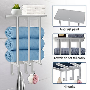 Bathroom Towel Rack with 4 Hooks - Wall Mount Towel Holder for Bathroom with Metal Shelf, Ideal Bathroom Storage Organizer and Decor（Grey）