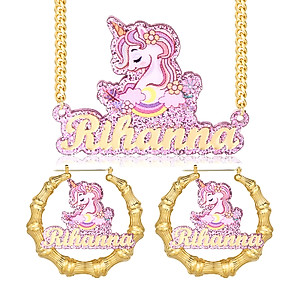 Name Necklace Personalized 18K Gold Plated Custom Bamboo Name Earrings Acrylic Customized Jewelry Set Gift for Women