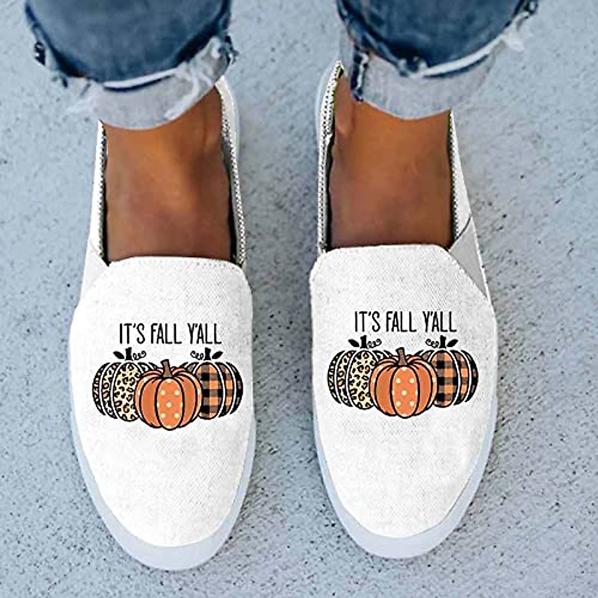 Women's Fashion Halloween Pumpkin Print Canvas Low Top Sneakers,Halloween Decorations Platform Slip on Flats Loafers Shoes for Women Casual Breathable Comfortable Walking Canvas Sneakers Shoes