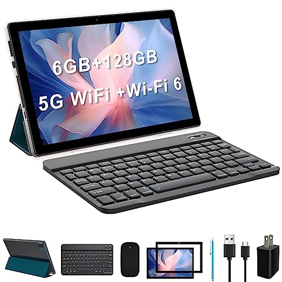 2023 Newest 2 in 1 Tablet with Keyboard, 6GB+128GB/1TB Expandable, 10 inch Tablet Android 11 Tablets Include Mouse Stylus Tempered Film, 5G WiFi 6, 8MP Dual Camera, 1280*800 10" FHD, 6000mAH Tablet PC