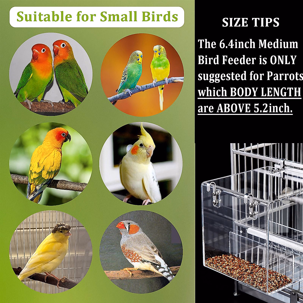 No Mess Bird Feeder for Cage Bird Feeder Automatic Bird Cage Feeder, Acrylic No Spill Bird Feeder Cage for Parakeet Parrot Cockatiels Cockatiels Lorikeet Lovebirds Cage Seed Feeder 6.4inch