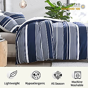 Duvet Cover Set - 100% Cotton,King Size,3 Piece Navy Striped , Simple Modern Farmhouse with Zipper Closure