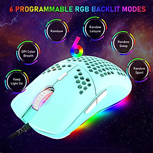 Gaming Keyboard and Mouse,3 in 1 Blue LED Backlit Wired Mechanical Keyboard Black Switch,RGB 6400 DPI Lightweight Gaming Mouse with Honeycomb Shell,Gaming Mouse Pad for PC Gamers(Macaron Green)