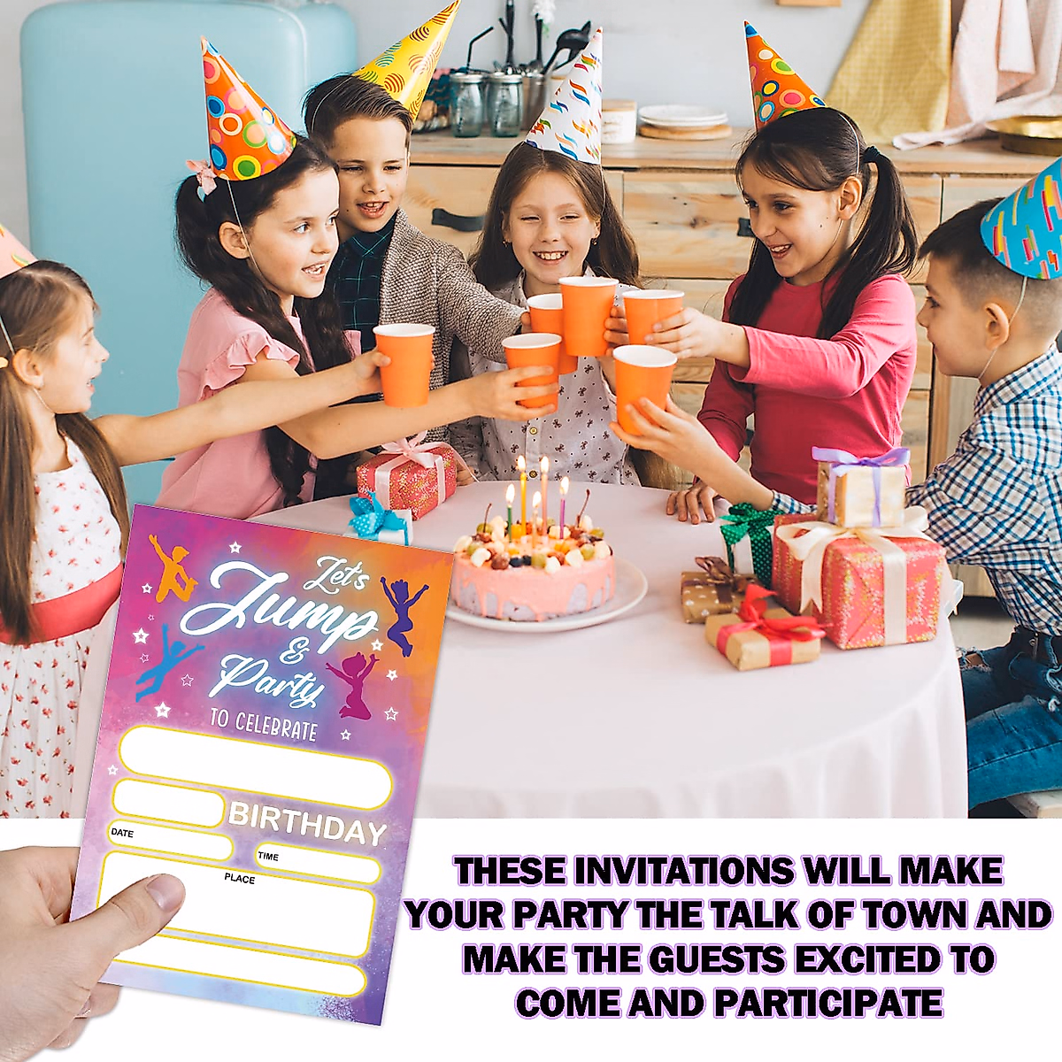 Jump Trampoline Party Birthday Invitations, Bounce House Party Invitations for Boys Girls Kids, Jumping Party Invitations, Jump Party Invites (20 Sets 4" x 6" Cards with Envelopes) - JY561