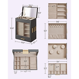 SONGMICS Jewelry Box with Glass Window, 5-Layer Jewelry Organizer with 3 Side Drawers, Jewelry Storage, with Big Mirror, Modern, 6.1 x 10.3 x 12.6 Inches, Slate Gray and Metallic Gold UJBC162G01