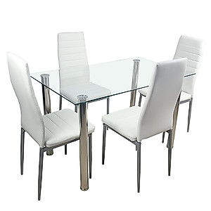 43" Glass Dining Table Chairs Sets for 4 Person,Modern Rectangular Dinner Table and PU Leather Chairs with 0.31" Tempered Glass Tabletop and Metal Legs,White&Transparent