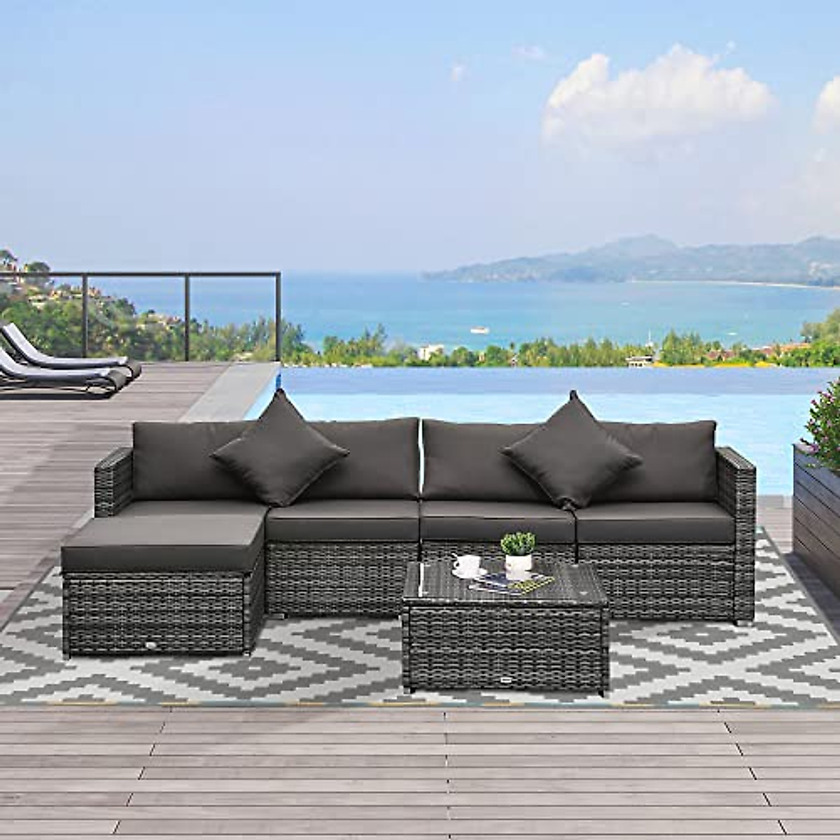 Outsunny 6 Pieces Patio Furniture Sets Outdoor Wicker Conversation Sets All Weather PE Rattan Sectional Sofa Set with Ottoman, Cushions & Tempered Glass Desktop, Charcoal