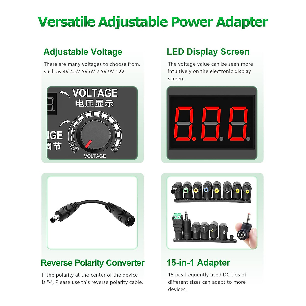 Arkare Universal Power Supply 120W AC Adapter Adjustable Power Adapter 4.5V 5V 9V 12V 10A 8A 6A 5A 3A 1A AC/DC AC 100-240V to DC 4~12V Multi Voltage Switching with 15 Tips & Polarity Converter