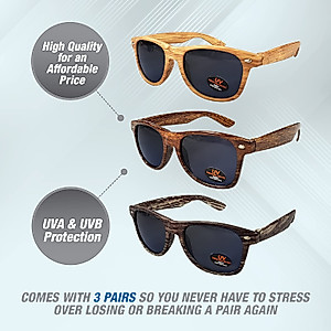 RAY SOLÉE Sunglasses for Men, Women & Kids 3 Pack of Tinted Lenses with UVA & UVB Protection (Light Woodgrain,Woodgrain,Dark Woodgrain, Black)