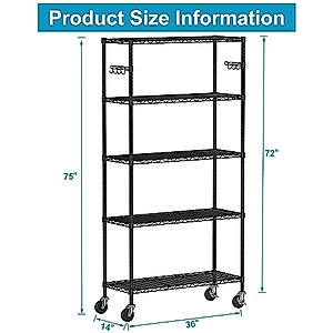 5 Tier Wire Shelving with Wheels,Ecoyomi Metal Shelves for Storage Heavy Duty,Garage Shelving,Shelving Units and Storage,Metal Shelf for Restaurant Garage Pantry Kitchen Garage Rack(14D x 36W x 75H)