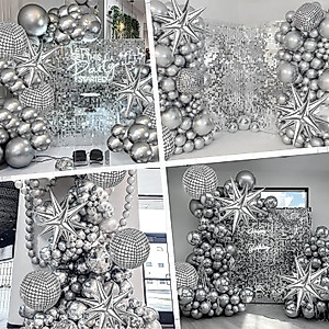Disco Balloon Arch Garland Kit, Metallic Silver Balloon Arch with Disco Ball Balloons Silver Fringe Disco Ball Backdrop for Birthday Graduation Prom 2024 Disco Party Decorations