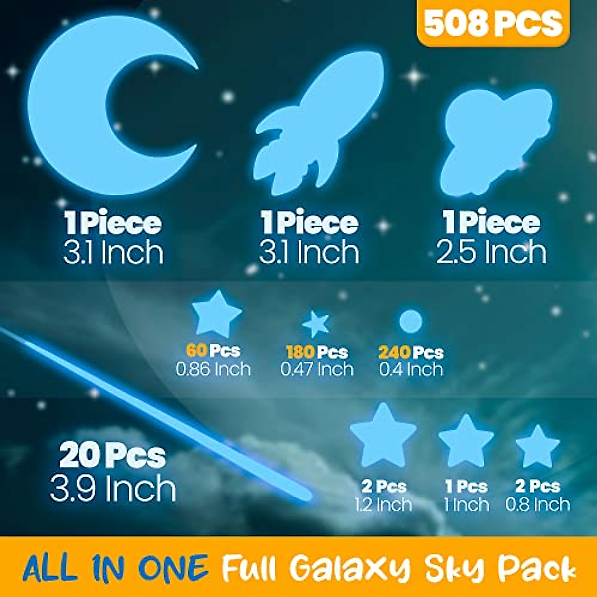 Glow in The Dark Stars for Ceiling, Outer Space Blue Wall Stickers,Galaxy Universe Wall Decal Shooting Stars Rockets,508 Pcs for Kids Boys Girls Bedroom Nursery Playroom Room Decoration