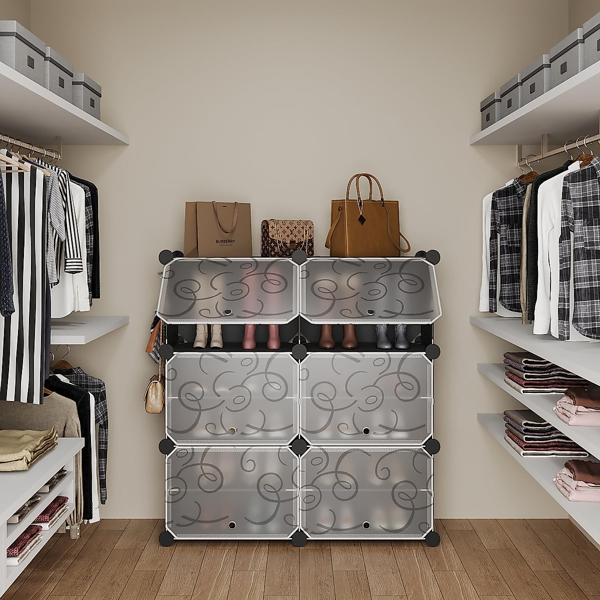 BASTUO 6 Cubes Shoe Rack with Door, 24 Pair Plastic Shoe Rack with Door, for Livingroom, Bedroom and Office (Black)