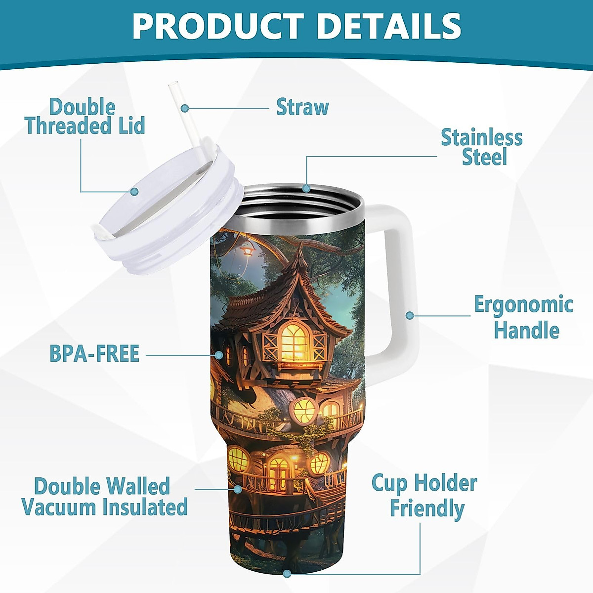 ODAWA Bright Fantasy Tree House Insulated Coffee Mug with Lid Coffee Tumbler Reusable Stainless Steel Tumblers