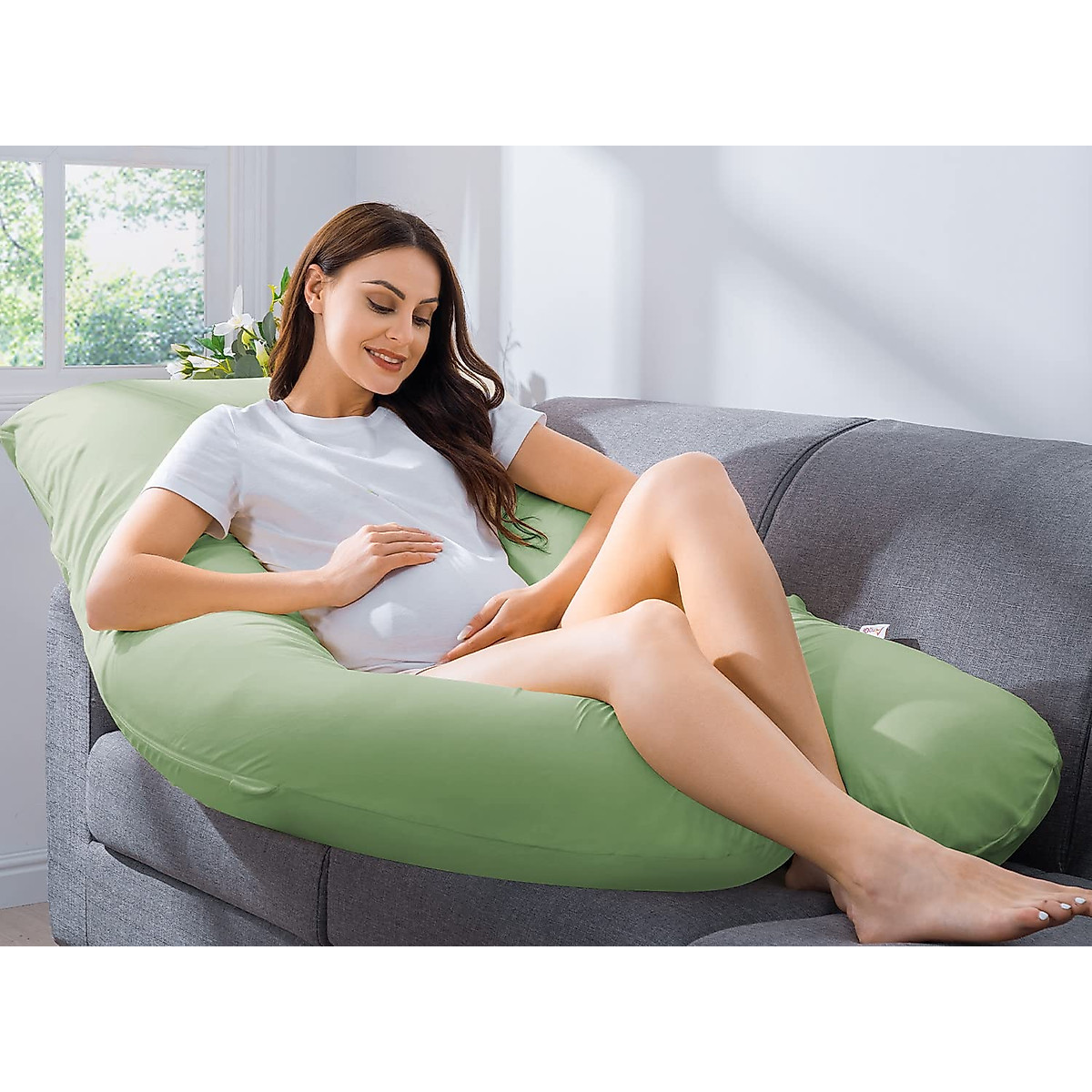 AngQi Pregnancy Pillow, U Shaped Pregnancy Body Pillow, Pregnancy Pillows for Sleeping with Cooling Cotton Zipper Removable Cover (Pale Green)
