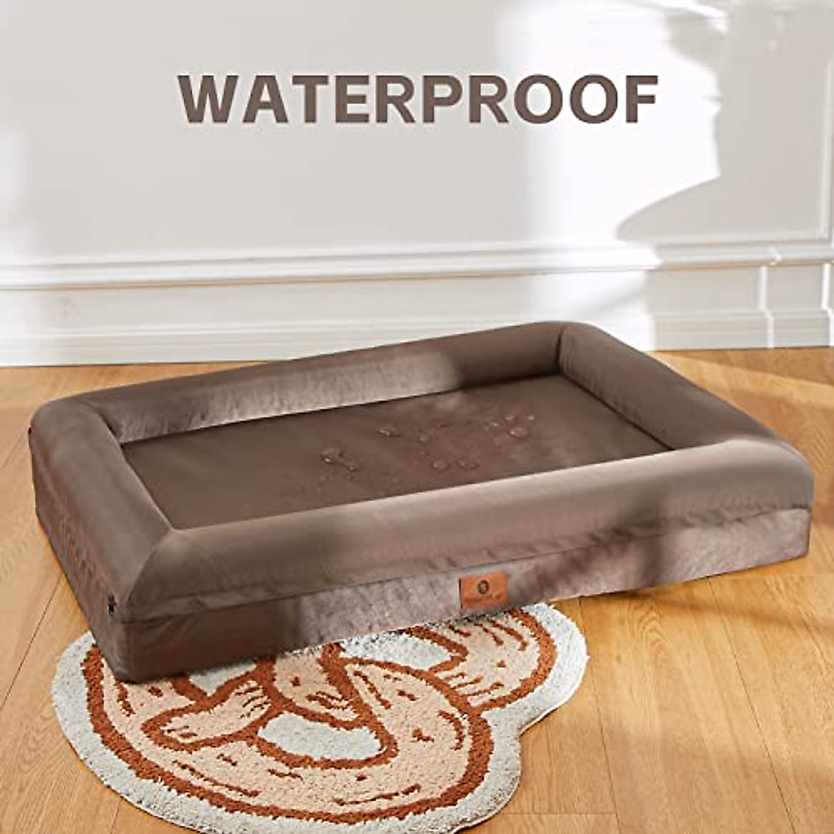 Hygge Hush Summer Waterproof Dog Bed, Washable Dog Bed with Removable Cover and Bolster, Orthopedic Dog Bed with Nonskid Bottom (X Large / 42"x30", Brown)