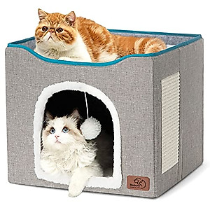Bedsure Cat Beds for Indoor - Large Cat Cave for Pet House with Fluffy Ball Hanging and Scratch Pad, Foldable Hideaway,16.5x16.5x14 inches, Grey