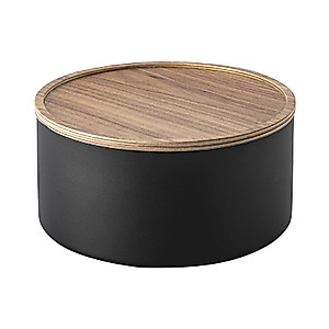 Yamazaki Home Rin Round Storage Case, Snacks, Toy, Or Craft Supplies Holder, Sewing Box Organizer, Wooden Lid Tray - Tall - Steel + Wood