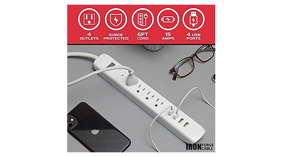 Iron Forge Cable Surge Protector Power Strips with USB, 6ft Cord