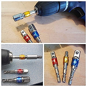 Impact Grade Socket Adapter/Extension Set Turns Power Drill Into High Speed Nut Driver,1/4-Inch Hex Shank to Drive for Adapters to Use with Drill Chucks, Sizes 1/4" 3/8" 1/2", Cr-V, 3-Piece