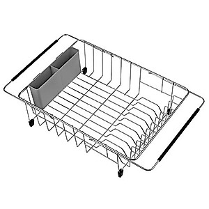 SANNO Expandable Dish Drying Rack Sink Dishes Drainer , Dish Rack with Utensil Silverware Storage Holder Over The Sink Adjustable Arms Dish Drying Drainer, in Sink or On Counter,Stainless Steel