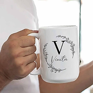 Personalized Name & Initial Letter Monogram Floral Alphabet White Coffee Mug Cup 11 15 Oz, Alphabet Accent Cup, Vintage Initial Monogram Travel Mug Gift For Men Women,Custom Name Initial Alphabet Mug