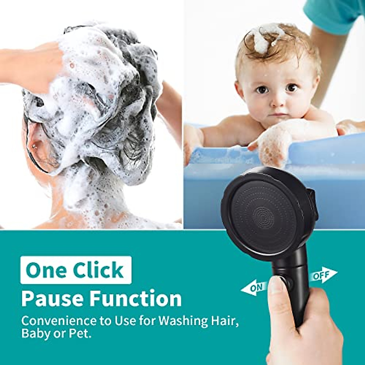 MIAOHUI Modern Handheld Shower Head with On/Off Switch, 3 Spray Settings, Removable Shower Head with Hose, Angle Adjustable Shower Bracket, Teflon Tape, Black