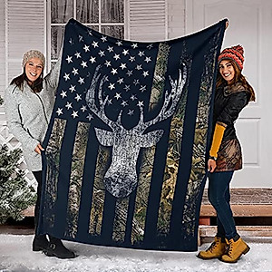 USA Camo Buck Deer Flag Hunting Blanket Throws Gift for Men,Super Soft Cozy Warm Blanket for Couch Chair Bed Sofa Office,60"X80"for Adult