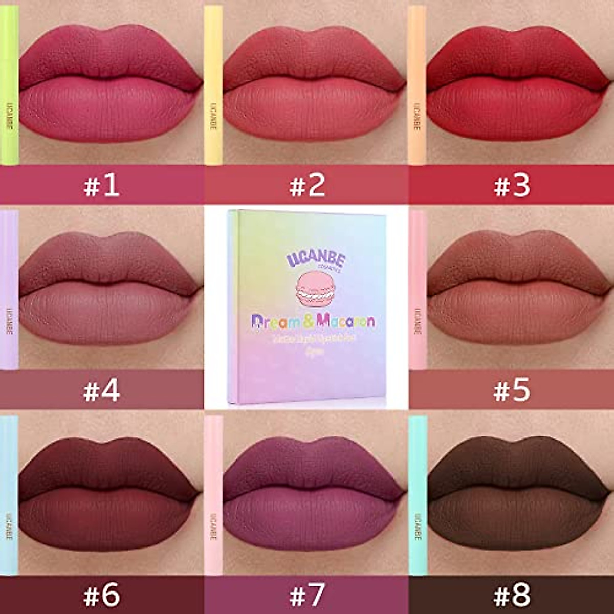 UCANBE 8PCS Dream & Macaron Matte Liquid Lipstick Makeup Set, 24 Hour Long Lasting Lip Gloss Kit, Waterproof Durable Red Lip Stick Lip Stain Make up Gift Kit for Women and Girls