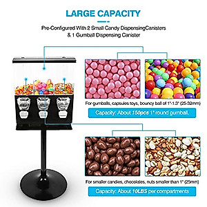 IRONWALLS Commercial Candy Vending Machine with Stand, Black Capsule Toy Gumball Vending Machine for Business, 25 Cent Coin Operated Metal Candy Dispenser Machine with 3 Canisters for Store, Park