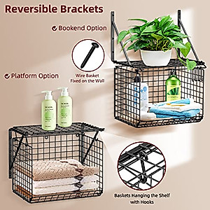 2 Pack Laundry Room Shelves Wall Mounted with Wire Baskets, Over the Washer and Dryer Shelf with Clothes Drying Rack, 8 Hooks, Wire Shelves Baskets for Laundry Closet Organization and Storage, Black